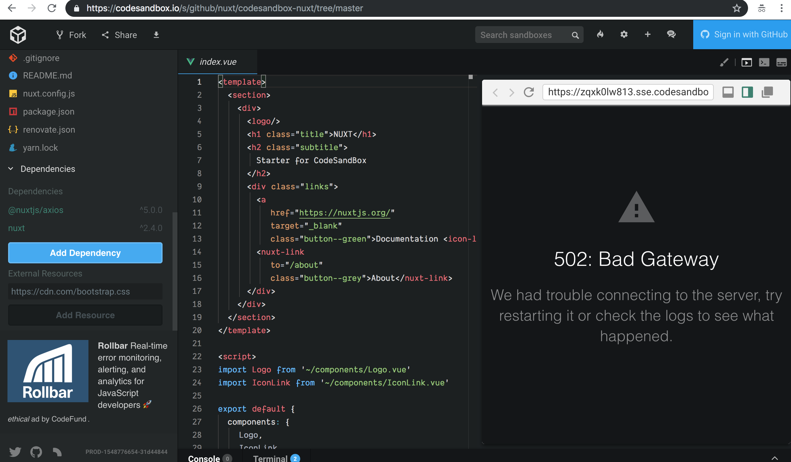Official codesandbox demo doesn't work · Issue #4901 · nuxt/nuxt · GitHub